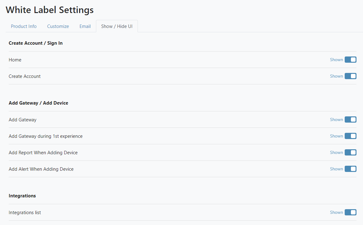 Show/Hide dashboard features